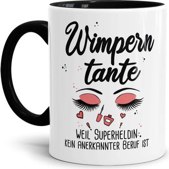Tassendruck Berufe-Tasse Superheldin Wimperntante - Kaffee-Tasse mit Spruch/Arbeit/Job/Lustig/Geschenk-Idee - Innen & Henkel Schwarz