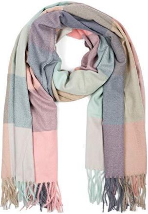 styleBREAKER Écharpe unisexe à carreaux doux avec de longues franges, à carreaux, hiver, étole 01017110, couleur:Turquoise-Gris-Rose