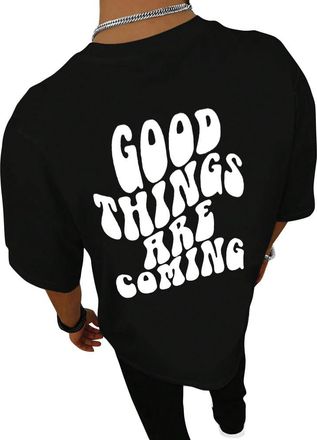 TOMWELL Oversized Tshirt Herren Rundhals Kurzarm Lose Sommer Oberteile Mode T-Shirt mit Backprint Vintage Drucken Streetwear Sport Casual Lang Tops F Schwarz 