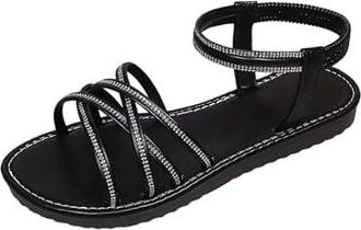 Generic Sandales plates d&eacute;contract&eacute;es pour femme avec strass - &Eacute;l&eacute;gantes - L&eacute;g&egrave;res et respirantes - Confortables - Coupe large avec sangle &eacute;lastique - Pour l&eacute;