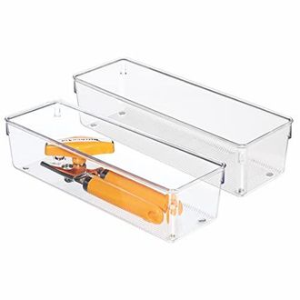 InterDesign iDesign Linus Boite Stockage pour tiroir, Grand bac Plastique pour Couverts et Autres Accessoires, Caisse Plastique en Lot de 2, Transparent