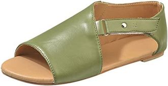 Generic Sandales en cuir pour femme - Sandales plates &agrave; bout rond - Couleur unie - Bout ouvert - Sandales minimalistes et d&eacute;contract&eacute;es - Confortables - Chaus