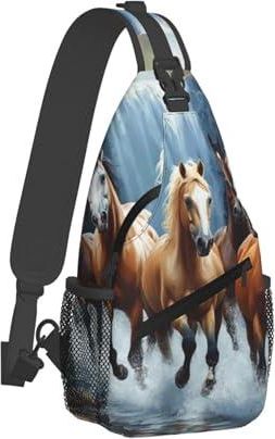Generic Mode Sacoche Homme Bandouliere Chevaux sauvages courant dans une rivi&egrave;re Sac De Poitrine Polyester Sac &agrave; Poitrine pour &eacute;cole Camping Voyage