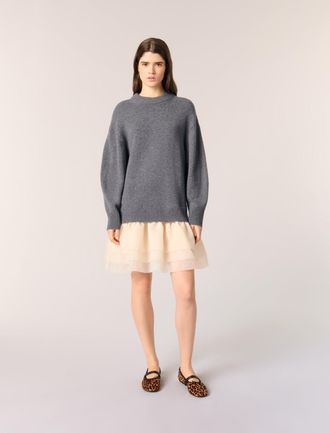 Maje Robe Bi-mati&egrave;re Laine Et Organza - Gris / Ecru - Taille 42 - Maje