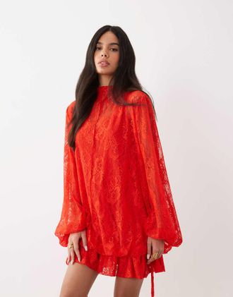 Asos Spitzen-Minikleid mit Blouson&auml;rmeln und Saumdetail in Rot
