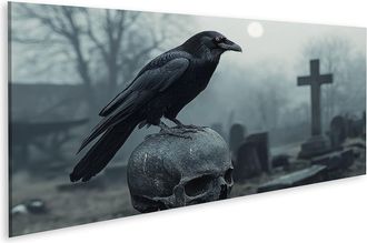Islandburner Prime Bild auf Leinwand Rabe auf Sch&auml;del im nebligen Friedhof KYYU Bilder Wandbilder Poster