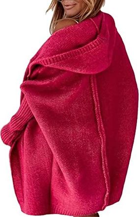 Onsoyours Tomwell Gilet Femme Hiver Cardigan Long Tricot Veste Ouvert Épais Manches Longues Pull Gilet Chaud Capuche Manteau Sweater Chandail Outwear Rouge L