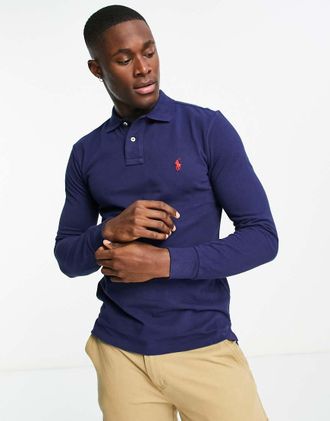 Polo Ralph Lauren Langärmliges Slim Fit Pikee-Polohemd in Marineblau mit Markenlogo