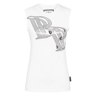 Philipp Plein Femme, Tops, Blanc, Taille: 42 FR Full Strass Tank Top Wire Frame