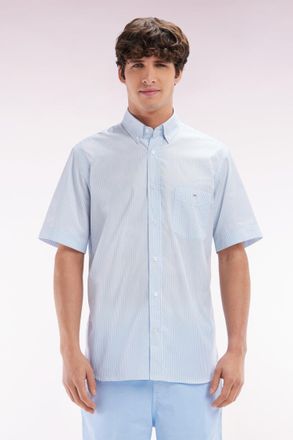 Eden Park Chemise &Agrave; Manches Courtes En Coton Tissage Jacquard Ray&eacute; Ciel Coupe Droite