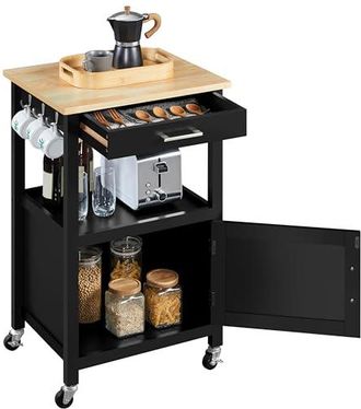 Yaheetech Chariot de Cuisine en Bois Desserte Roulante à 1 Tiroir et 1 Armoire Meuble de Rangement Cuisine avec 3 Crochets Verrouillage Magnétique 55 cm L × 45 