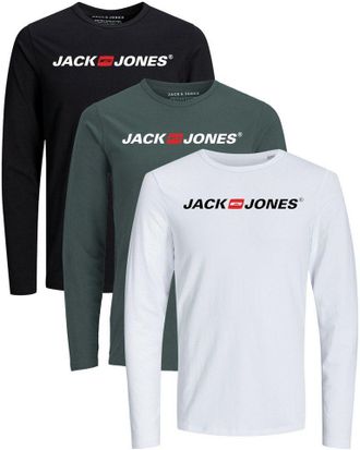 Jack & Jones Langarmshirt Regular-Fit mit stilvollem Printdruck (Spar-Set, 3er-Pack) in Unifarbe aus Baumwolle, mit lizenziertem Originaldesign Print