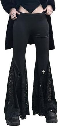 Feoya FEPOYA Pantalon Gothique Noir &eacute;vas&eacute; en Velours pour Femme Taille Haute Bas Clochette pour F&ecirc;te Streetwear B5 M
