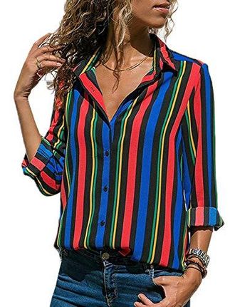 Minetom Chemisier Femme Blouse Rayures Col V Manches Longues Tunique Button Up Shirt Rayé Chemise Mode Top Shirt Multicolore C Multicolore FR 38