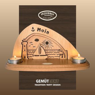 Weigla Teelichthalter original Erzgebirge I Motiv Maritim Natur I für 2 Teelichte I Ganzjahresdeko I Teelichthalter aus Holz I modernes Design I Maritim Deko
