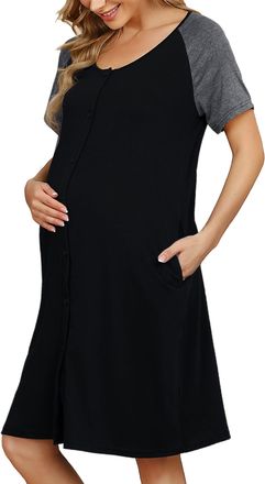 KOJOOIN Nachthemd Damen Geburt Stillnachthemd Kurzarm Nachtw&auml;sche Baumwolle Umstandsnachthemd mit Durchgehender Knopfleiste Schwarz B(Kurzarm) S