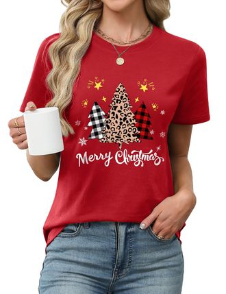 Heekpek Weihnachts T Shirt Damen Lustig Tshirt Weihnachten Baumwolle Rundhalsausschnitt Kurzarm T-Shirt Freizeit Bedruckte Weihnachts Oberteil, Rot Schneefloc
