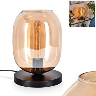 HOFSTEIN Tischleuchte Apedo, Tischlampe aus Metall/Glas in Schwarz/Bernstein, Leuchte im modernen Retro/Vintage-Design mit Schirm aus Glas (&Oslash; 20 cm) u. An/-Aus