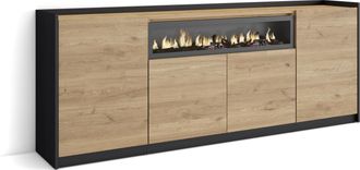 Skraut Home | Sideboard, Highboard | Kommode, Komodenschrank | 207x80x37 cm | 4 Türen | Elektrokamin. | Moderner Stil | Eiche Schwarz
