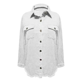 Generic Chemise en jean d&eacute;lav&eacute; veste tendance d&eacute;contract&eacute;e pour femme chemise &agrave; manches longues en coton pour femme, blanc, XXL