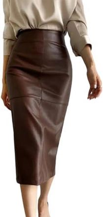 Generic Jupe crayon d&eacute;contract&eacute;e en cuir synth&eacute;tique pour femme - Taille haute - Coupe ajust&eacute;e - Jupe midi fendue, caf&eacute;, L
