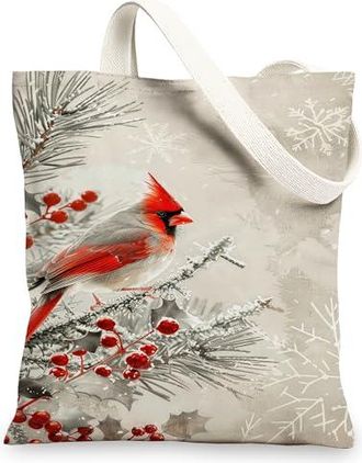 Generic Sacs fourre-tout en toile motif cardinal élégant, sacs dépicerie réutilisables, élégants vacances, légers et lavables, Rouge, 13x15 Inch