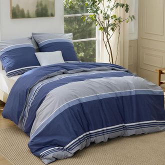 Bedsure Bettw&auml;sche 200x200 Baumwolle Bettbezug - Bettw&auml;sche-Sets 200 x 200 cm 3teilig mit 2 Kissenbez&uuml;ge 80x80 cm, &Ouml;KO-TEX Wendebettw&auml;sche Bedding Blaue Strei