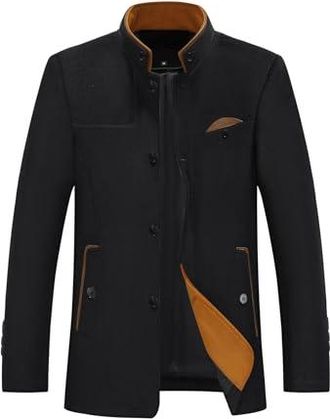 AlltheMen Manteau Hommes Hiver Trench Col Montant Chaud Mélange De Laine Casual Patchwork Outwear Boutonné Noir XXL