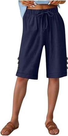 Generic Short décontracté pour femme avec poches latérales solides et poches à taille élastique, bleu marine, XXL