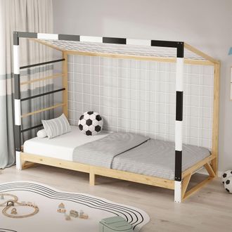 ML Design ML-Design Kinderbett Fu&szlig;balltor 90x200 cm, Holzbett mit Lattenrost, Kletterleiter und Tornetz, Jugendbett aus Kiefernholz, Einzelbett f&uuml;r Kinder, Bett