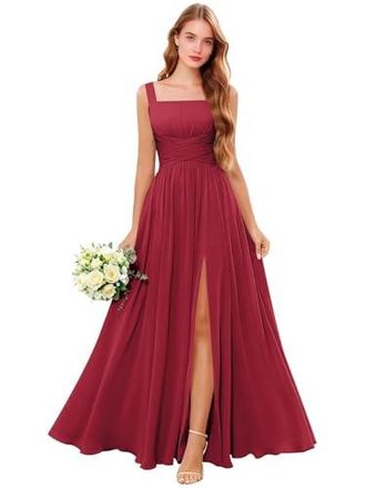 Generic Robe de demoiselle dhonneur en mousseline de soie plissée à col carré avec poches pour femme - Robe de soirée formelle trapèze avec fente, Rose désert