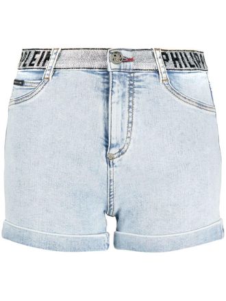 Philipp Plein short en jean à plaque logo - Bleu