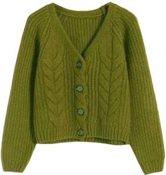 Generic Pull de printemps torsad&eacute; taille haute col en V bouton tendance couleur unie cardigan en tricot ample pour femme, Vert, XXL