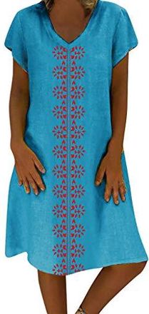 FNKDOR Robe Femme D&eacute;t&eacute; Longue T-Shirt &agrave; Manches Courtes en Coton et Lin Casual Grande Taille L&acirc;ch&eacute; Robe Mini(A Bleu,FR-40 / CN-L)