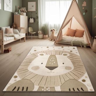 Paco Home Paco Home Tapis Chambre Enfant Effet Haut-Bas Lion Couleurs Naturelles Soft-Touch Beige Crème Charbon 120x160 cm