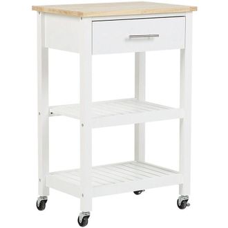 Beliani Desserte sur Roulette avec Large Tiroir Plateau Supp&eacute;rieur en Bois de Pin et Structure en MDF Blanc avec 2 Plateaux Inf&eacute;rieurs Beliani