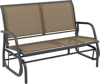 OUTSUNNY Banc &agrave; bascule de jardin 2 places, banc de jardin en m&eacute;tal et tissu respirant pour balcon, patio, terrasse, 120 x 70 x 85 cm, marron clair