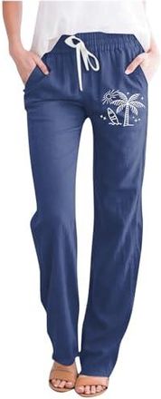 Generic Pantalon en coton et lin pour femme - Jambe large - Pantalon de plage d&eacute;t&eacute; pour femme - Confortable - Pantalon de yoga Palazzo XIYU26087, bleu marine,