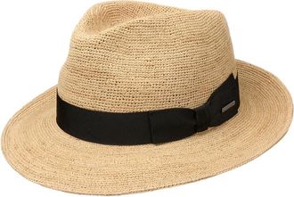 Stetson Jenkins Crochet Fedora Strohhut Naturfarbener Klassischer Travellerhut Made in Italy Unisex Fr&uuml;hjahr Sommer Natur XL (60-61 cm)