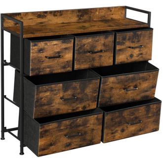 Songmics Armoire, Meuble de Rangement en Tissu, Commode, 7 Tiroirs, avec Poign&eacute;es, Cadre en M&eacute;tal, Style Moderne, Marron Rustique et Noir dEncre