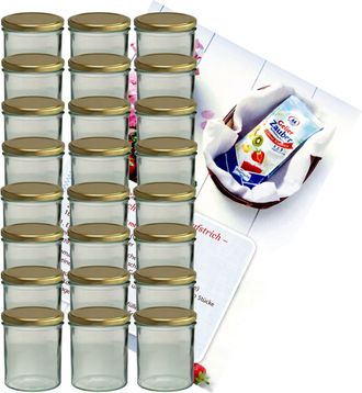 MamboCat 24er Set Sturzglas 350 ml Marmeladenglas Einmachglas Einweckglas to 82 Goldener Deckel incl. Diamant-Zucker Gelierzauber Rezeptheft