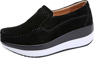 Rismart Femmes Cuir Su&eacute;d&eacute; Baskets &agrave; Talon Compens&eacute; Chaussures Plateforme &agrave; Enfiler Mocassins Noirblanc, 39 EU