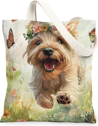 Generic Sac fourre-tout en toile motif chien norfolk terrier printanier 33 x 38,1 cm, sac d&eacute;picerie r&eacute;utilisable pour femme, animal de compagnie, peinture cad