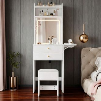 Generic Kleiner Schminktisch mit Verstellbarer LED-Beleuchtung & klappbarer Platte »BeautyCompact« - Inkl. Hocker, 2 Schubladen & Stauraum in Weiß (75x156x45 
