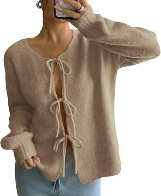 TOMWELL Cardigan Femme Manches Longues Gilet Tricoté Décontracté Col Rond Couleur Unie Pull à Lacets A Kaki XXL