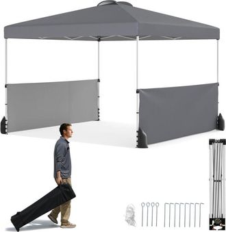 Costway Costway - Tonnelle Pliable 300 x 300 cm avec 2 Demi-Murs Lat&eacute;raux, Sac &agrave; Roulettes, 8 Piquets, 4 Ancrages, 4 Cordes de Vent, 4 Sacs de Sable, Gris
