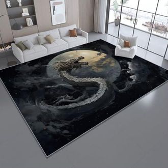 Generic Tapis de Salon 160 x 230 cm, Peinture à lencre Étoiles Fantastique Dragon Motif, Gris foncé Doux Tapis, Durable éCologiqu Lavable en Machine Acile à N