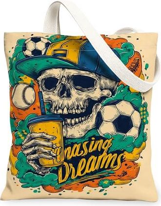 Generic Sac fourre-tout en toile avec motif t&ecirc;te de mort, Chasing Dreams - L&eacute;gers et r&eacute;utilisables - Style sportif et vintage - Pour salle de sport, voyage, m