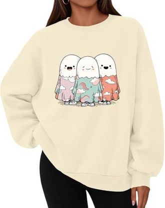 Generic Sweat-shirt dHalloween pour femme, sweat-shirt amusant &agrave; col rond pour Halloween | Chandail &agrave; &eacute;paules tombantes, Couleur cr&egrave;me., M
