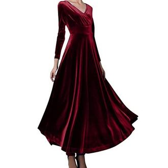 Generic MJGkhiy Robe de Noël Femme dHiver Velours Longue Robe Élégante à Manches Longues Col en V Nouvel An Robe Robes de Soirée Automne Hiver Cérémonie Cockt